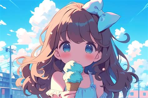 Premium Photo Pretty Anime Chibi Girl With Long Hair With Bow Eating