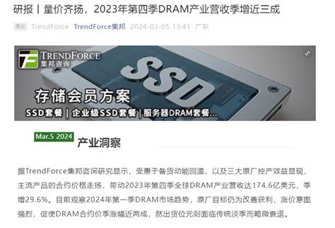 机构：2023年第四季度dram产业营收季增近三成 每日经济网