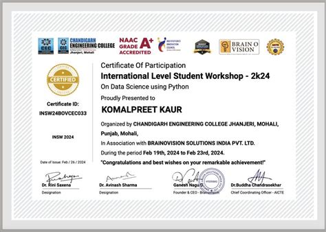 Learned Data Science Skills At Brainovision Workshop Komalpreet Kaur