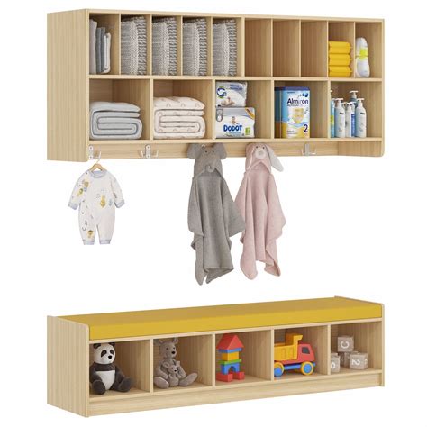 Advwin Wall Cubbies With Hooks And Cushion Shoe Storage Bench Wooden