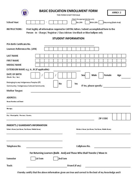 Basic Enrolment Form Annex 2 Deped Order 3 S2018 Pdf Birth