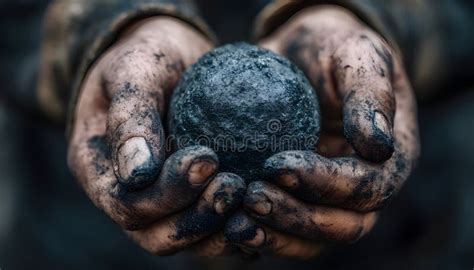 Hands Covered In Soot Cradle A Rough Black Coal Ball Concept Soot
