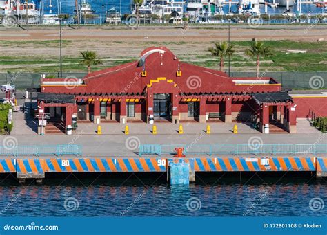 Closeup Of Central Red Building Of Cruise Terminal In Port Of Ensenada