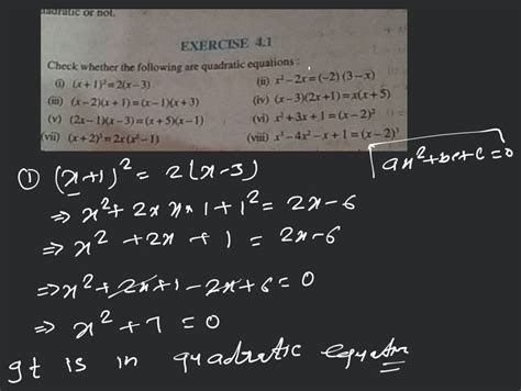 Exercise 41check Whether The Following Are Quadratic Equations I X 1