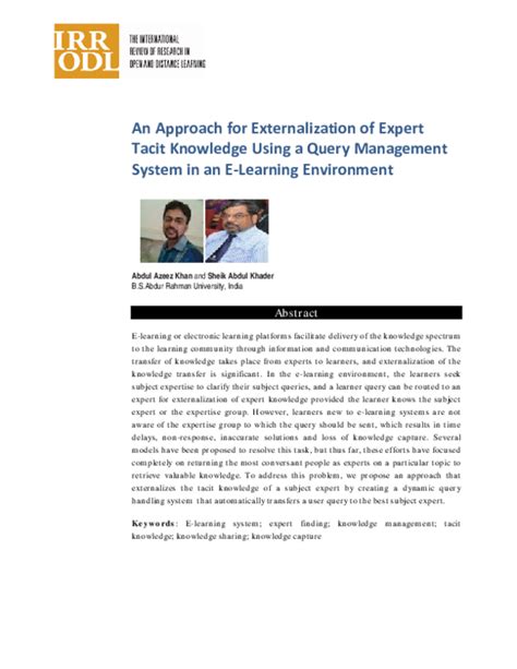 Pdf An Approach For Externalization Of Expert Tacit Knowledge Using A