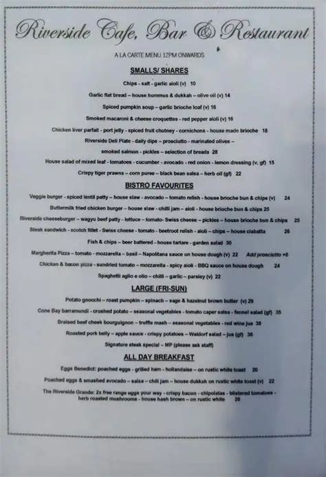 Menu At Riverside Cafe Perth Eastern Pavilion