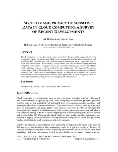 Security And Privacy Of Sensitive Data In Cloud Computing A Survey Of Recent Developments Pdf