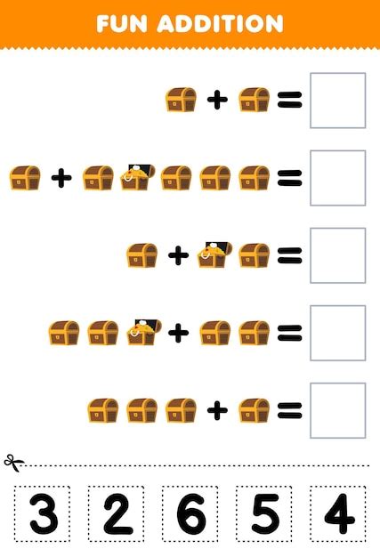 귀여운 만화 보물 상자 인쇄 가능한 해적 워크시트에 대한 올바른 숫자를 자르고 일치시켜 어린이를 위한 재미있는 교육 게임 추가 프리미엄 벡터