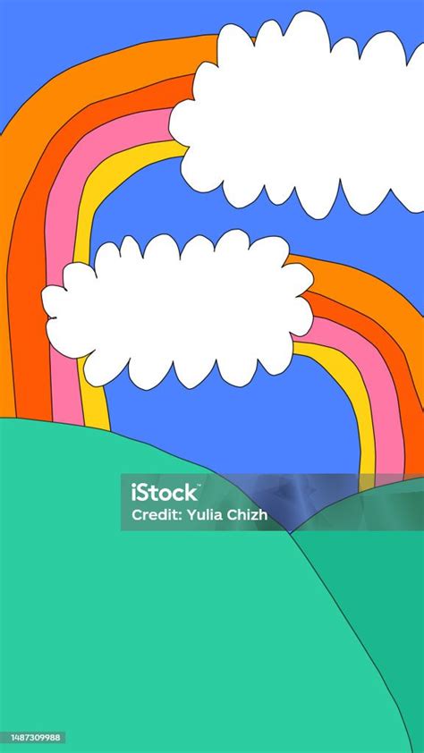 소셜 미디어를 위한 세로 템플릿입니다 편집 가능한 레이어드 사진 이야기1970 사이키델릭하고 그루비한 히피족 무지개 하늘 구름이 있는 판타지 순진한 배경90년대 좋은 분위기