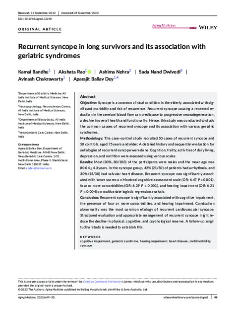 Pdf Recurrent Syncope In Long Survivors And Its Association With
