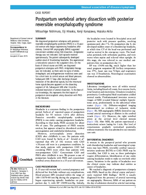 Pdf Postpartum Vertebral Artery Dissection With Posterior Reversible