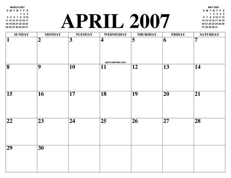 April 2007 Calendar Of The Month Free Printable April Calendar Of The