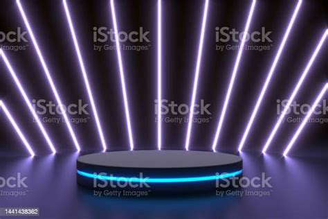 배경의 네온 블루 조명과 제품 무대 스튜디오의 고급스러운 빈 디스플레이 받침대 3d 연단 0명에 대한 스톡 사진 및 기타 이미지 Istock