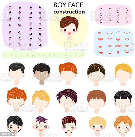 소년은 얼굴 생성자 벡터 아이 머리 입술 눈 그림 세트로 남자 아이가 얼굴 요소 건설의 캐릭터와 남자 아바타 생성 배경에 고립 된 어린이 헤어스타일으로 아이에 대한 스톡