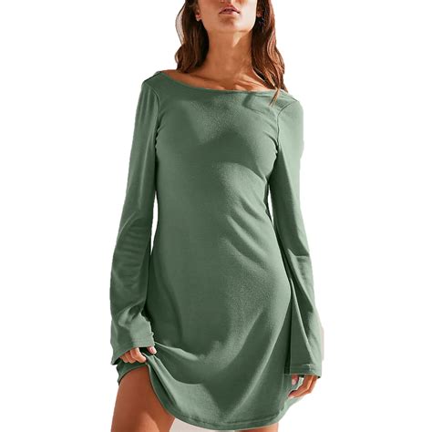 Qibmong Dresses For Women Long Sleeve Scoop Neck Summer Fall Mini Dress