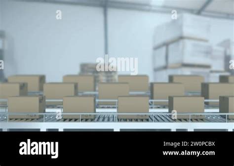 animation of rows of cardboard boxes moving on conveyor belts with