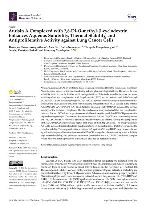 Pdf Aurisin A Complexed With 26 Di O Methyl β Cyclodextrin Enhances Aqueous Solubility