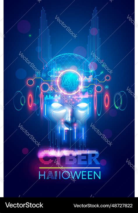 Evil In Image Scary Ai Robot Face With Horns Royalty Free Vector