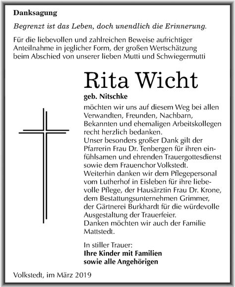 Traueranzeigen Von Rita Wicht Abschied Nehmende
