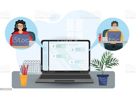 노트북에서 온라인 채팅 친구와 채팅 원격 작업 또는 교육 화상 회의 및 온라인 커뮤니케이션 개념 프리랜서 작업 전자 교육 개념 평면 벡터 일러스트레이션 Brand Name
