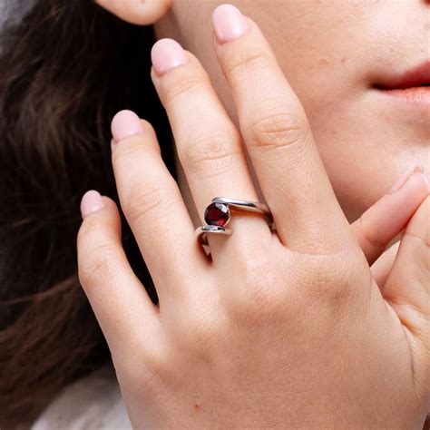 Bar Set Solitaire Round Garnet Bypass Ring