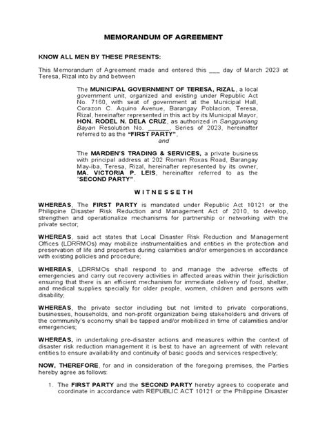 Agreement Between The Municipality Of Teresa And Mardens Trading And Services To Provide Relief