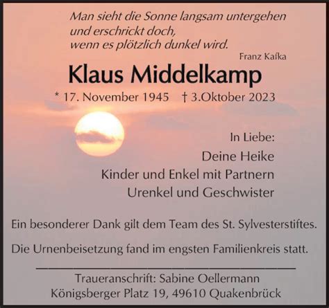 Traueranzeigen Von Klaus Middelkamp Noz Trauerportal