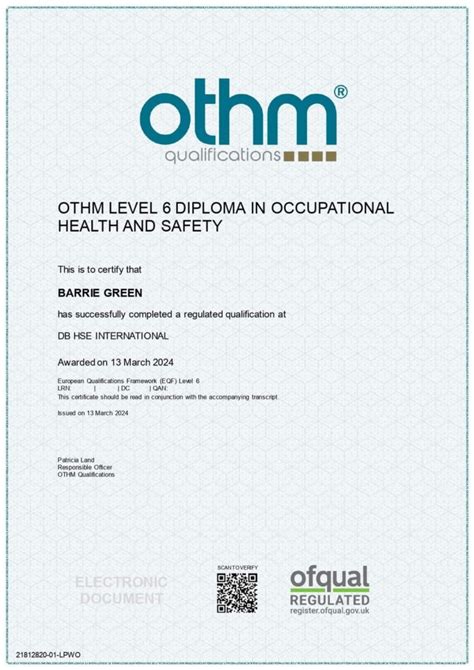 Othm Level 6 Diploma In Occupational Health And Safety Dbhse Institute