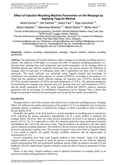 Pdf Effect Of Injection Moulding Machine Parameters On The Warpage By Applying Taguchi Method