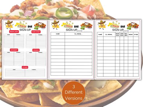 Nacho Bar Sign Up Sheet Printable Nacho Bar Potluck Sign Up Form