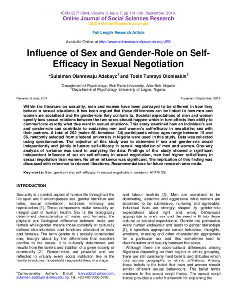 Pdf Influence Of Sex And Gender Role On Self Efficacy In Sexual