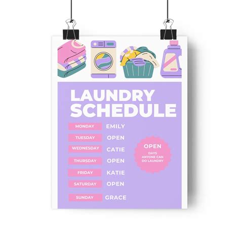 Printable Laundry Schedule Template Paper Poster Wall Art Home