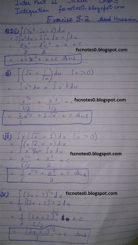 Fsc Ics Notes Math Part 2 Chapter 3 Integration Exercise 32 Complete