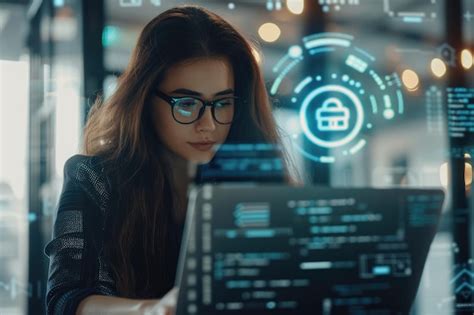 Premium Photo Young Businesswoman Uses Laptop For Internet Security