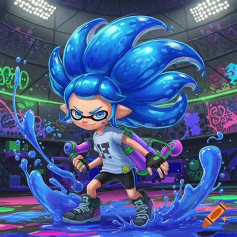 A Blue Haired Splatoon Inkling Character Holds A Green Water Gun