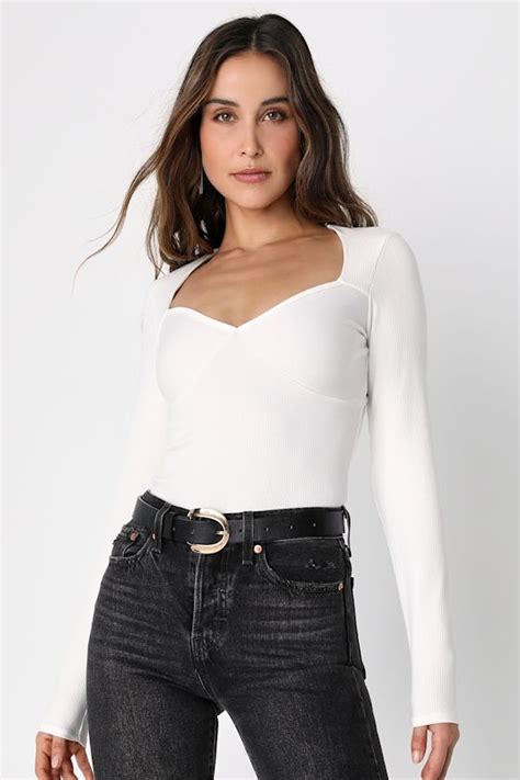 Cute White Ribbed Knit Top Simple Top Long Sleeve Top Lulus