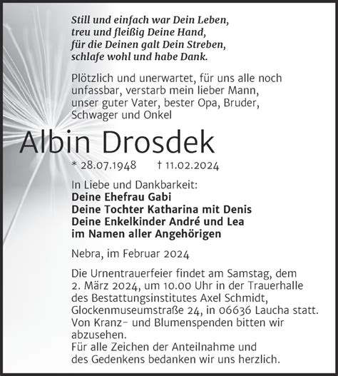 Traueranzeigen Von Albin Drosdek Abschied Nehmen De