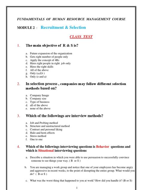 Rands Multiple Choice Class Test Pdf Recruitment Interview
