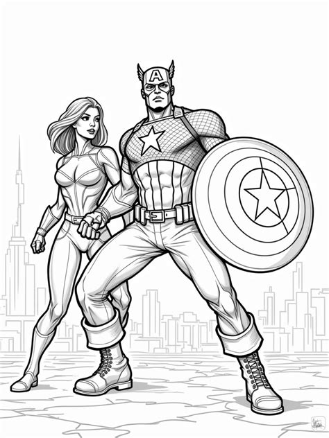 Captain America And Black Widow In Action Free Printable Coloring Page