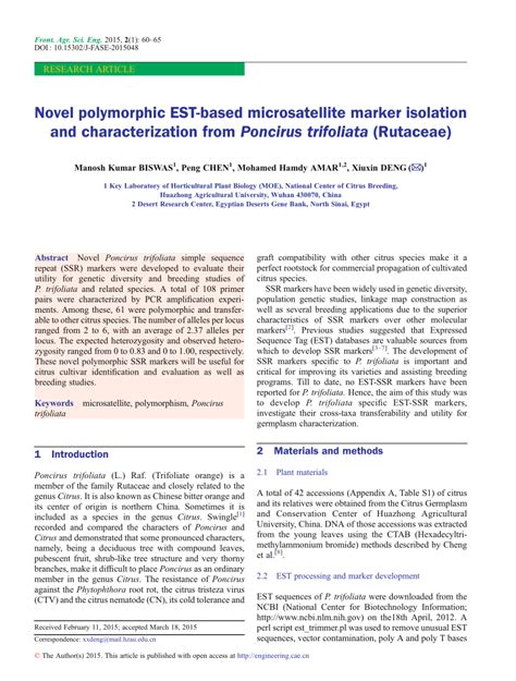 Pdf Novel Polymorphic Est Based Microsatellite Marker Isolation And