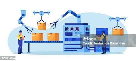 작업자 로봇 팔 조립 라인이 있는 효율적인 스마트 공장 제조 공정 산업 생산 작업자는 상자 첨단 기계로 컨베이어 자동 생산 라인을 제어합니다 건강관리와 의술에 대한 스톡