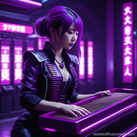 Cyberpunk Zither Player In Neon Lights Stable Diffusion Online