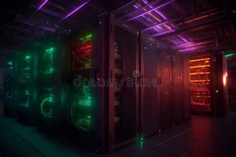 shot of data center with multiple rows of fully operational server