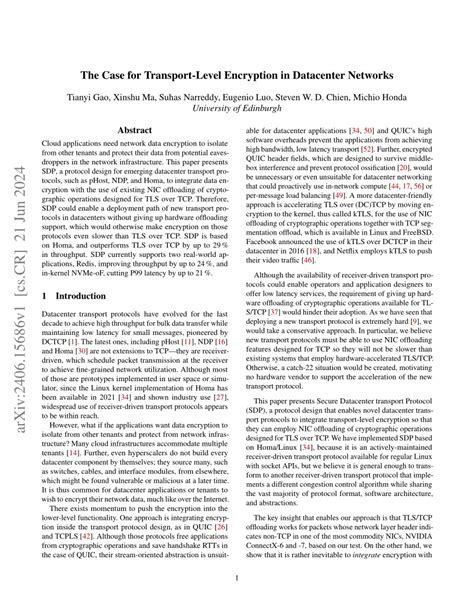 Pdf The Case For Transport Level Encryption In Datacenter Networks
