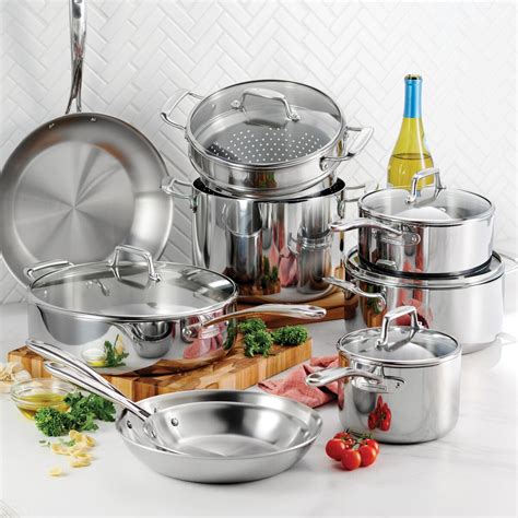 Tri Ply Clad 14 Pc Stainless Steel Cookware Set With Glass Lids