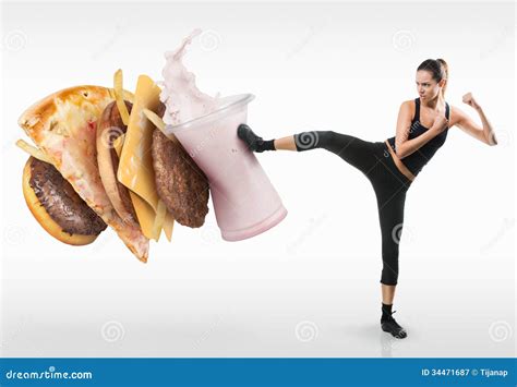 Fit Young Woman Fighting Off Fast Food Stock Image Image Of Fitness
