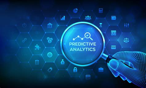 Predictive Analytics Concept With Magnifier In Wireframe Hand And Icons