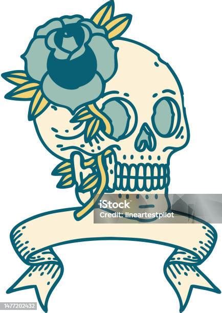 Tato Tradisional Dengan Spanduk Tengkorak Dan Mawar Ilustrasi Stok Unduh Gambar Sekarang Istock
