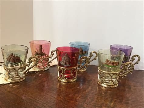 Set Of Six Sipping Shot Glasses With Holders Colored Shot Glasses Italy