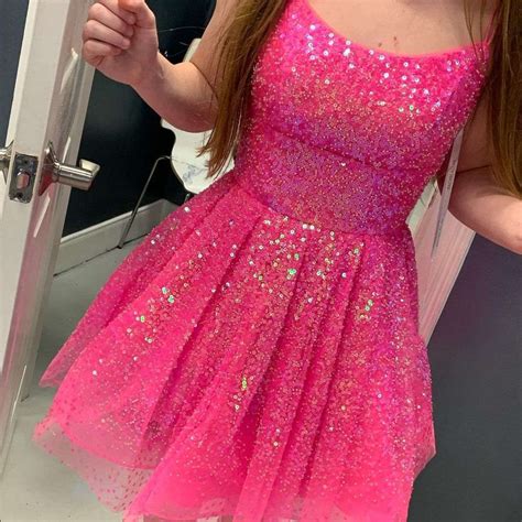 Glitter Straps Hot Pink Short Homecoming Dress Homecoming Dresses